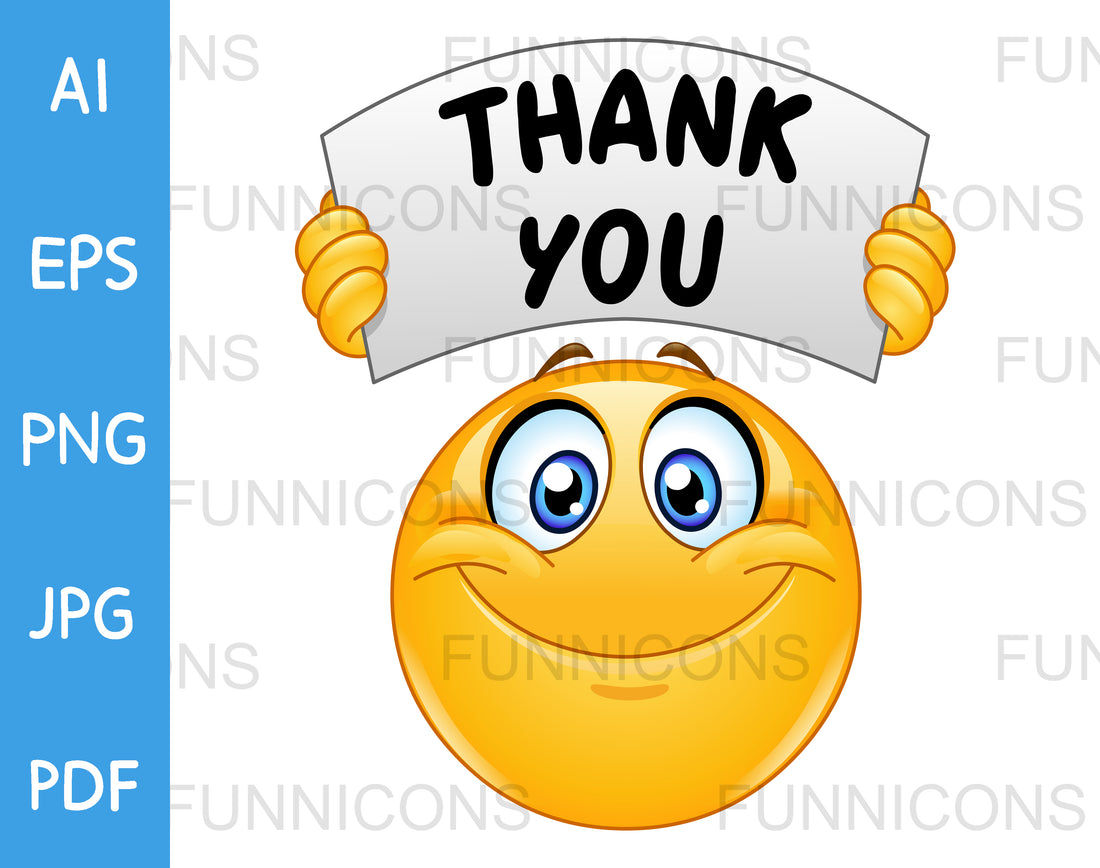 Happy Emoji Holding up a Sign with the Text Thank You, Vector clipart.