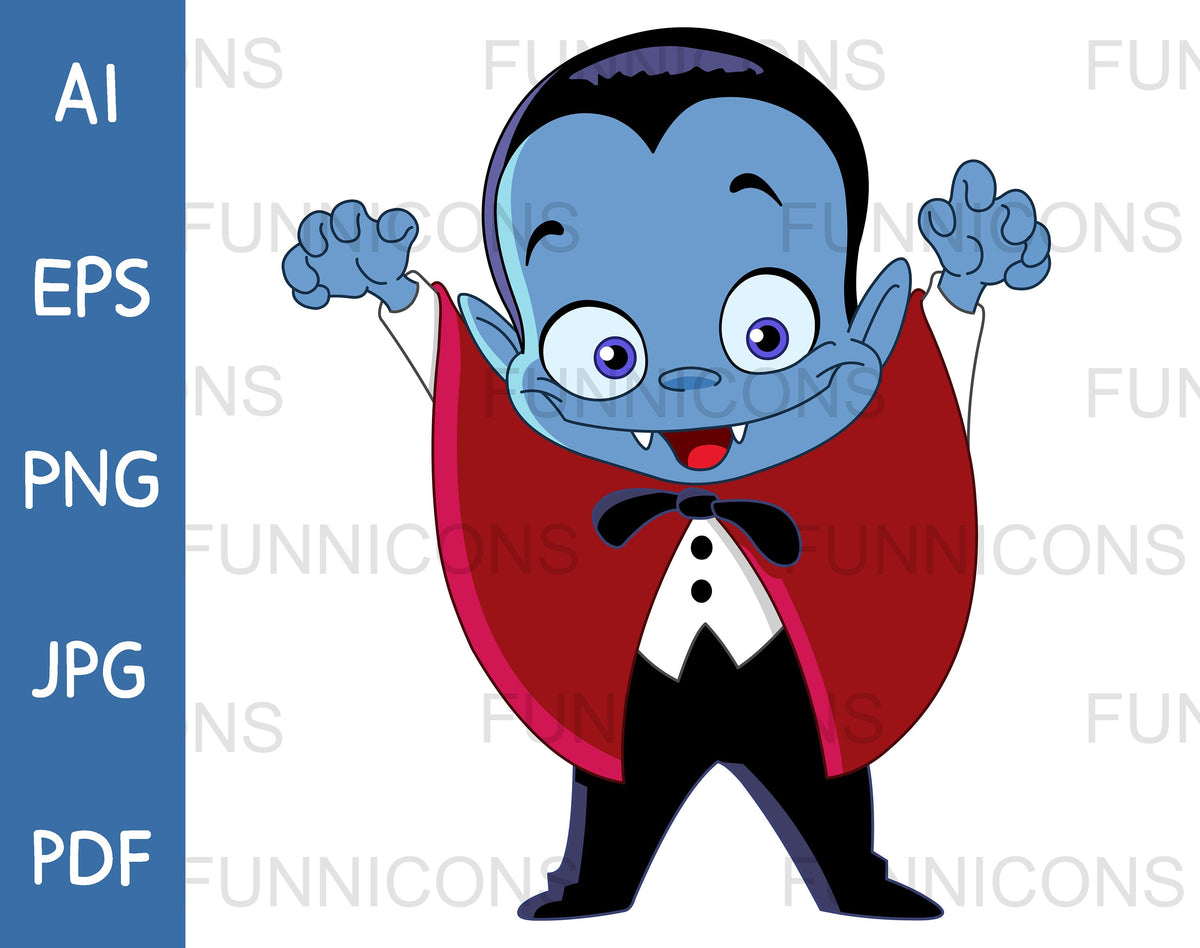 Happy Boy in a Halloween Costume of Dracula Vampire, Vector clipart.