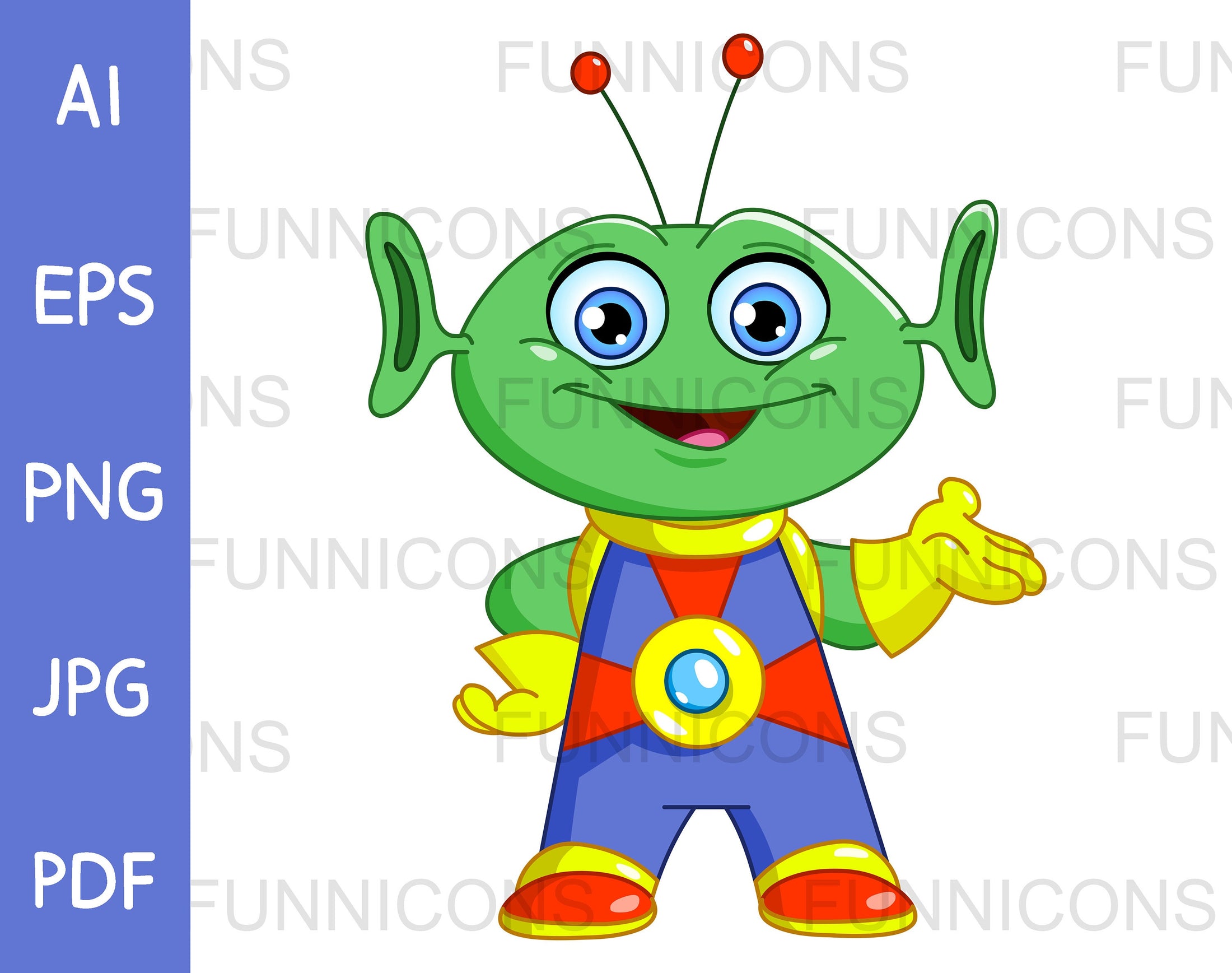 Happy Green Alien Presenting, Vector clipart stock cartoon image.