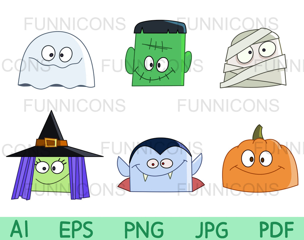 Halloween Faces, Ghost, Green Monster, Mummy, Witch, Vampire, Pumpkin.