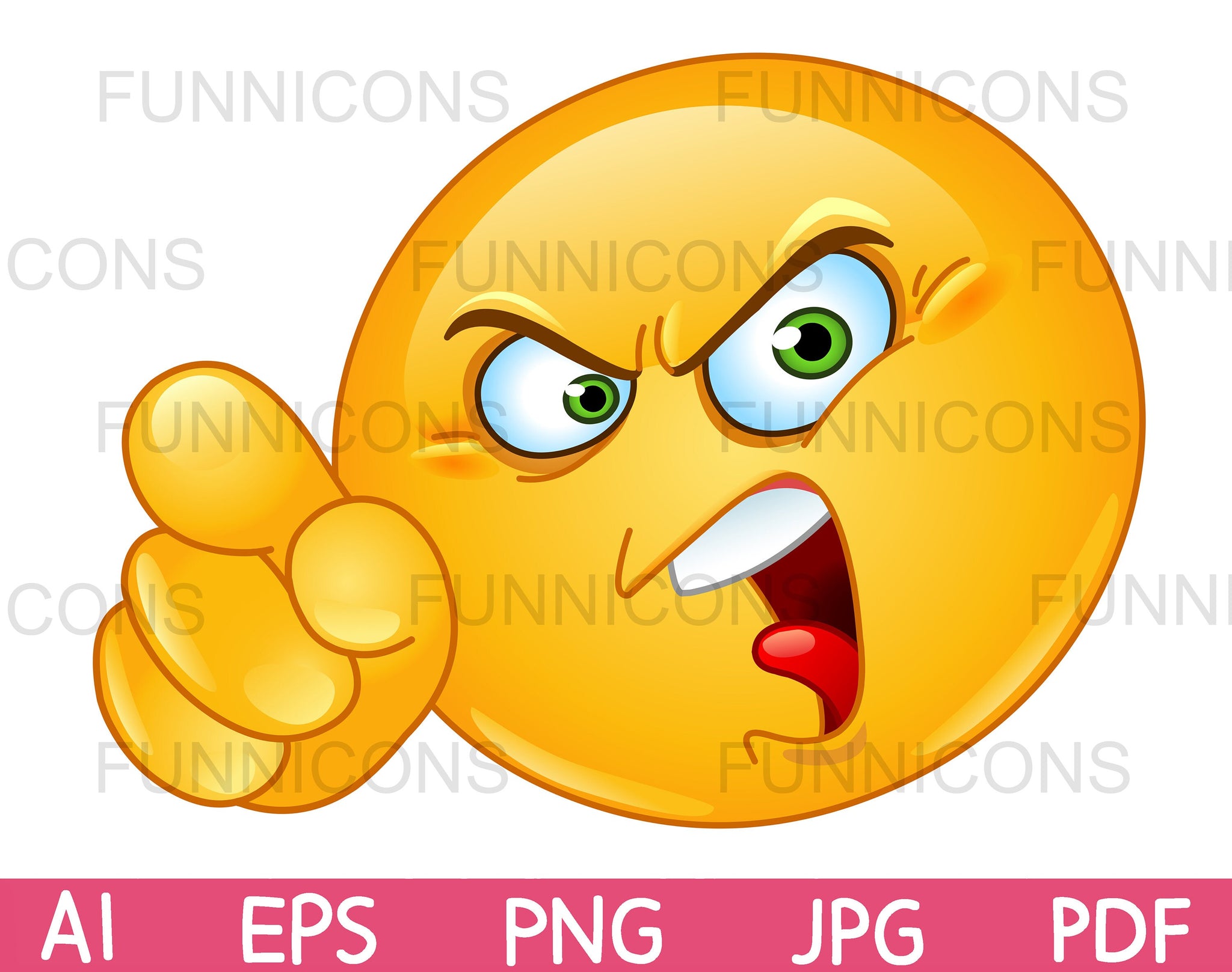 Angry Emoji Shouting, Accusing, Pointing Finger, Vector clipart stock.