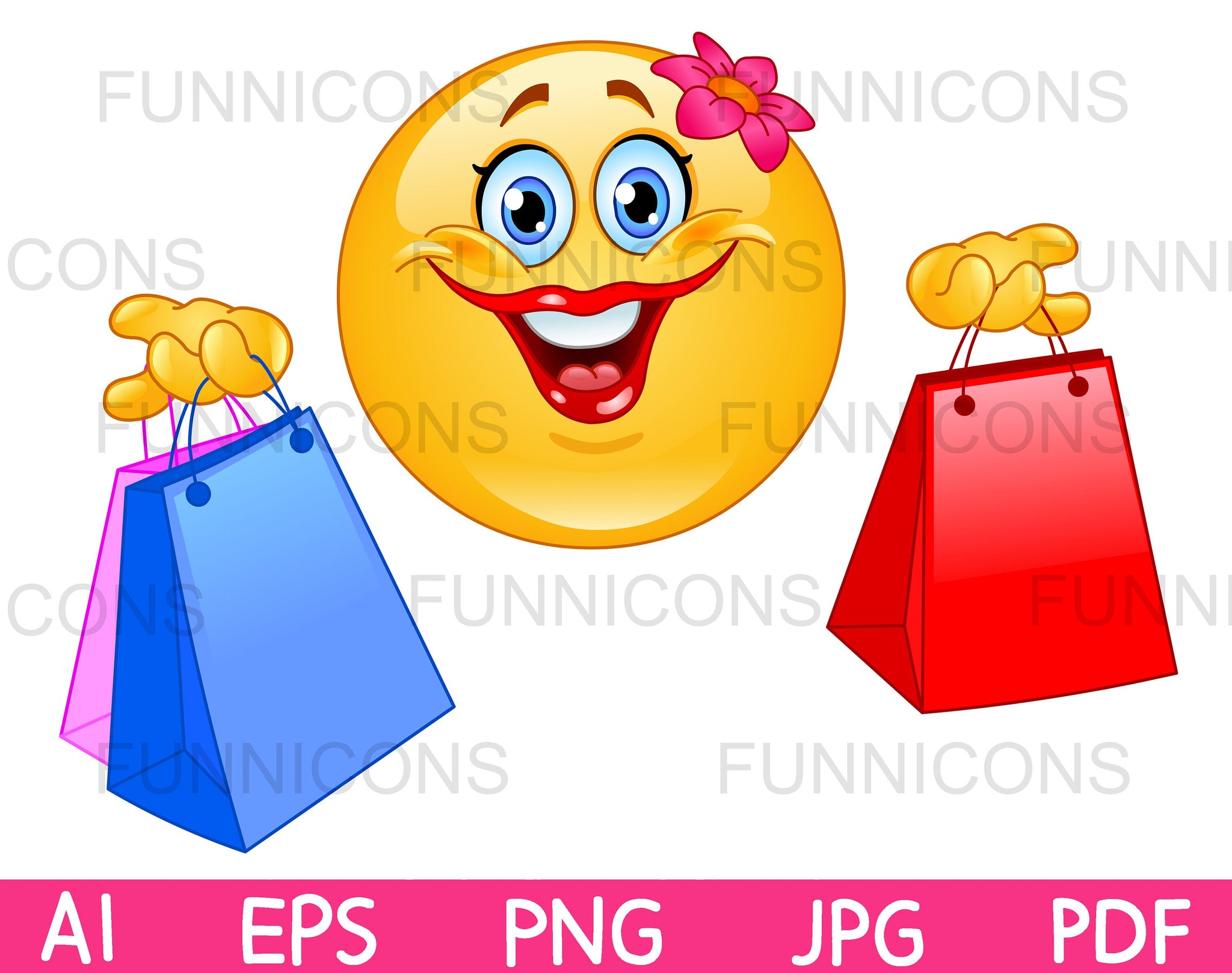 Happy Female Emoji with Shopping Bags, Vector clipart stock image.