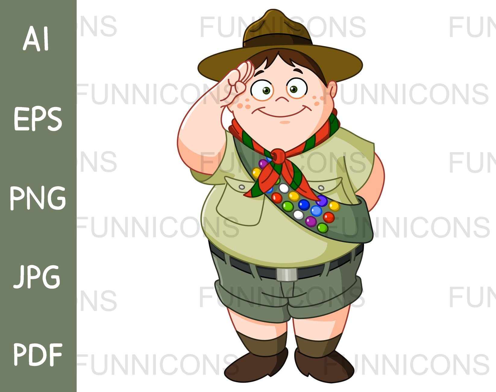 Smiling Boy Scout Kid Saluting, Vector clipart stock cartoon image.