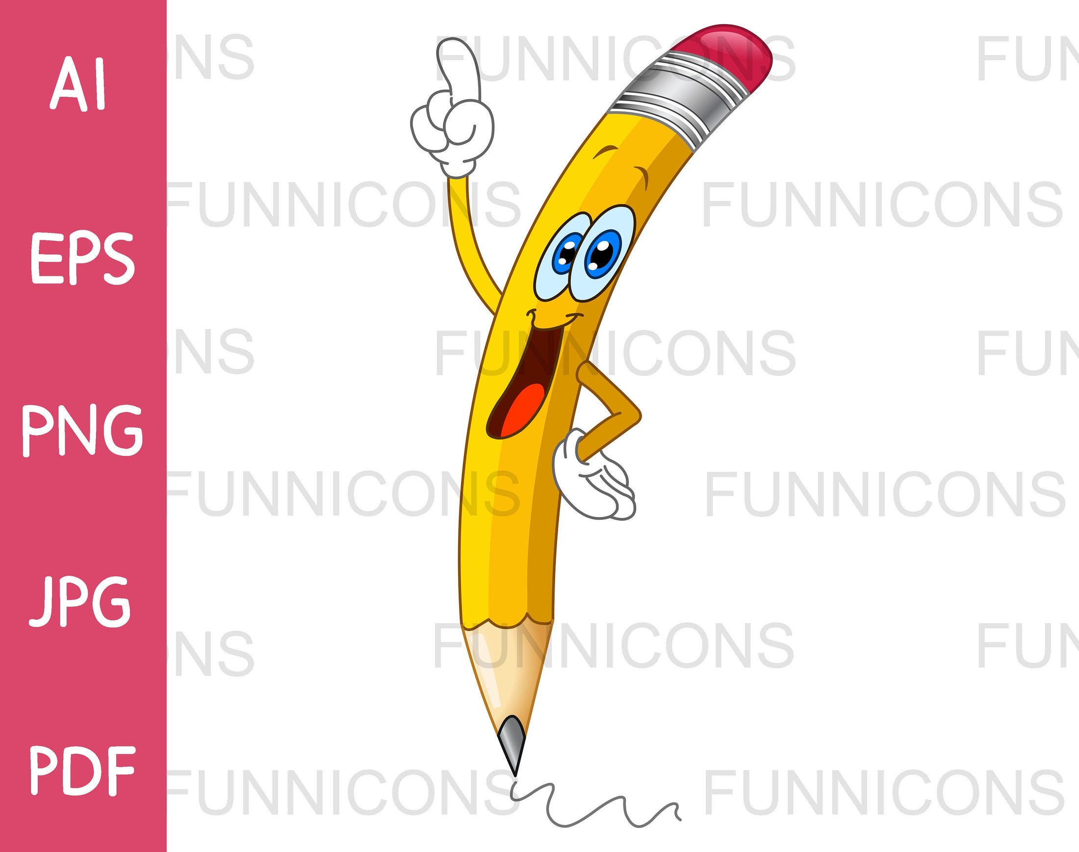 Happy Cartoon Pencil Character Pointing and Scribbling, Vector.